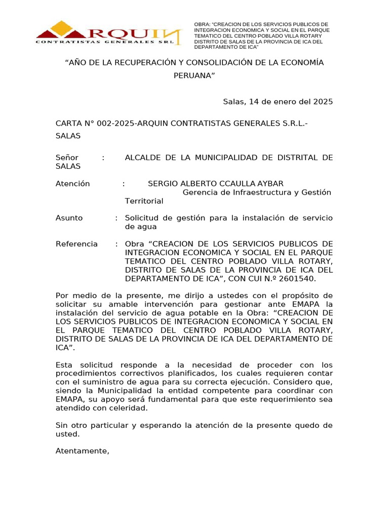 Carta 01 A La Municipalidad - Emapa | PDF