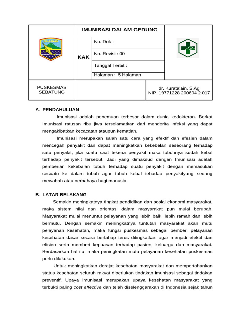 KAK Imunisasi Dalam Gedung | PDF