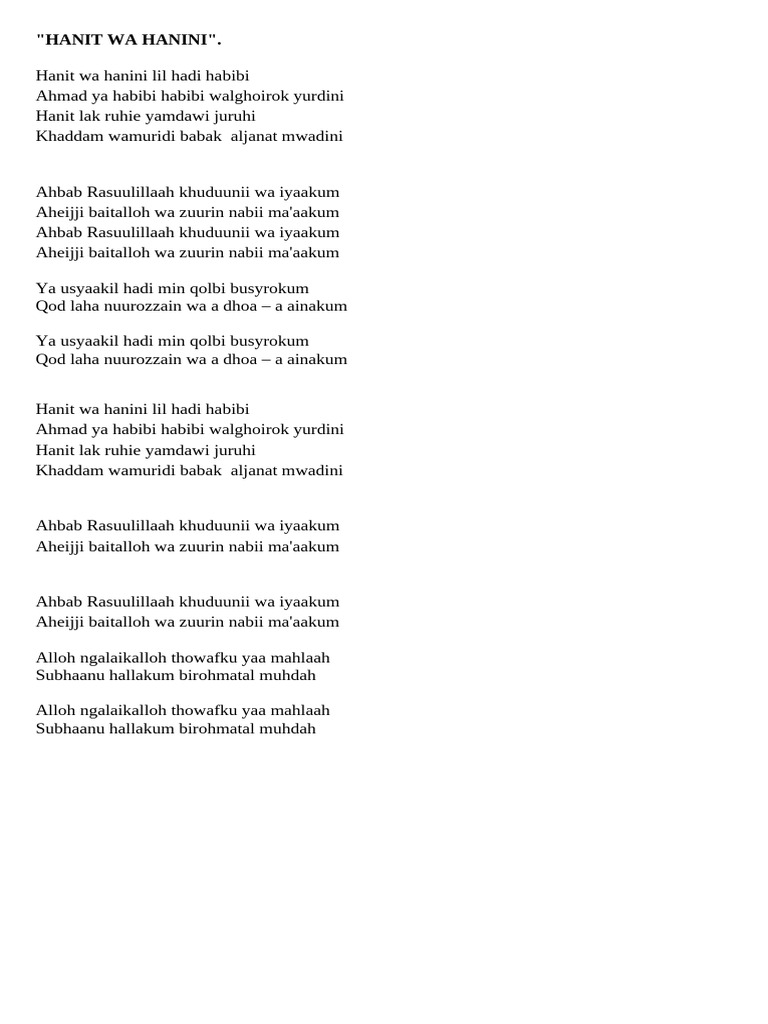 Lirik Sholawat Hanit wa Hanini | PDF