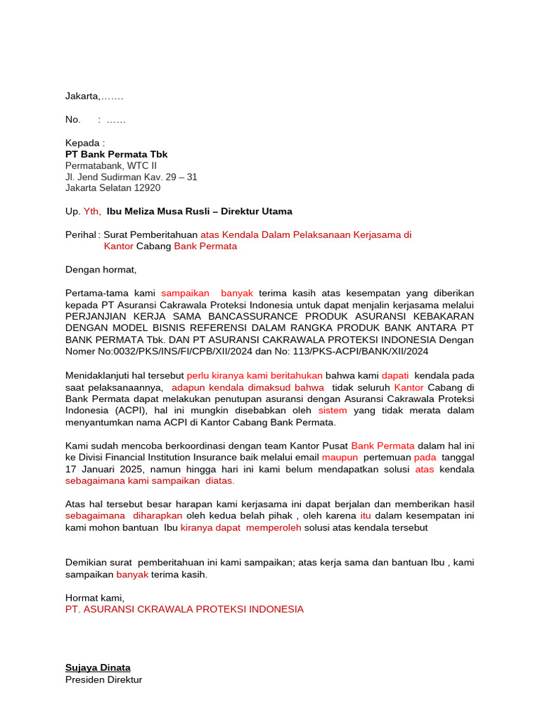Surat Kendala Pada Sistem Bank Permata Untuk PKS ACPI | PDF