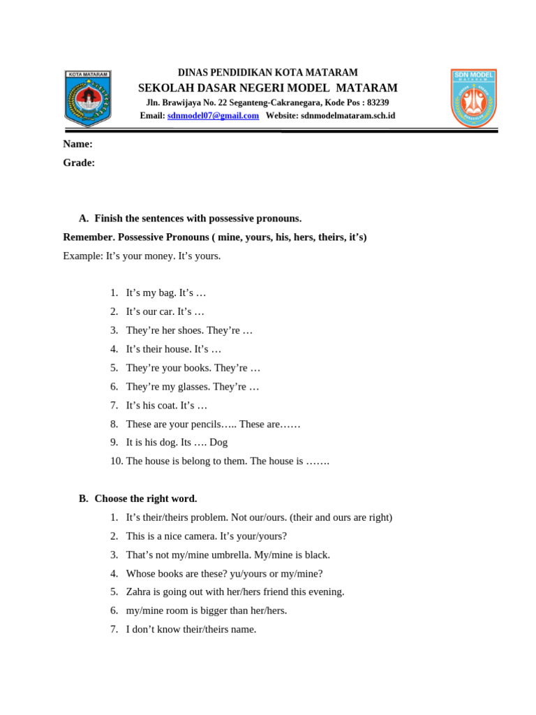 Possessive Adjective and Pronoun | PDF