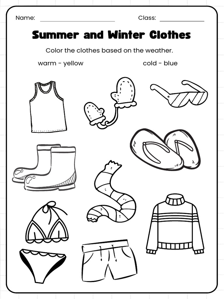Summer and Winter Clothes Coloring Worksheet in Black and White ...