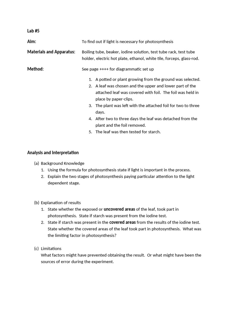 Lab # 5 Light Needed For Photosynthesis | PDF | Photosynthesis | Leaf