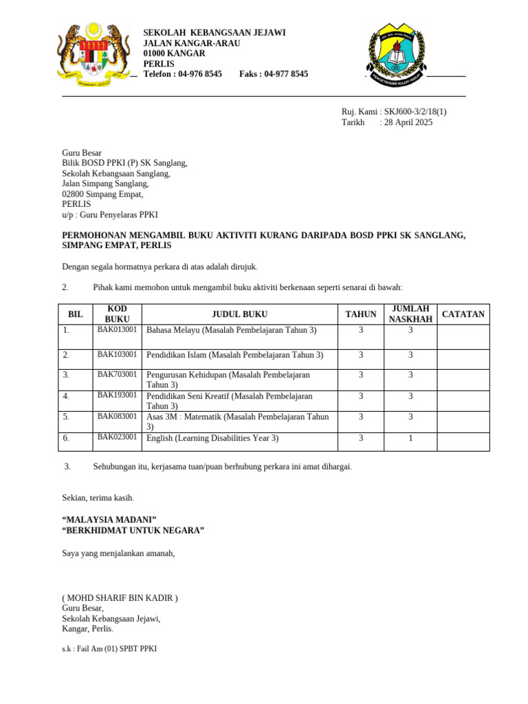 Surat Minta Buku Latihan DRPD SK Sanglang | PDF