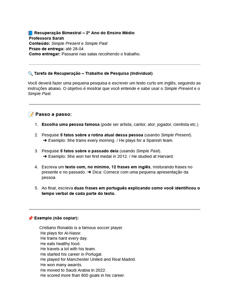 Tarefa de Inglês: Simple Present e Past | PDF