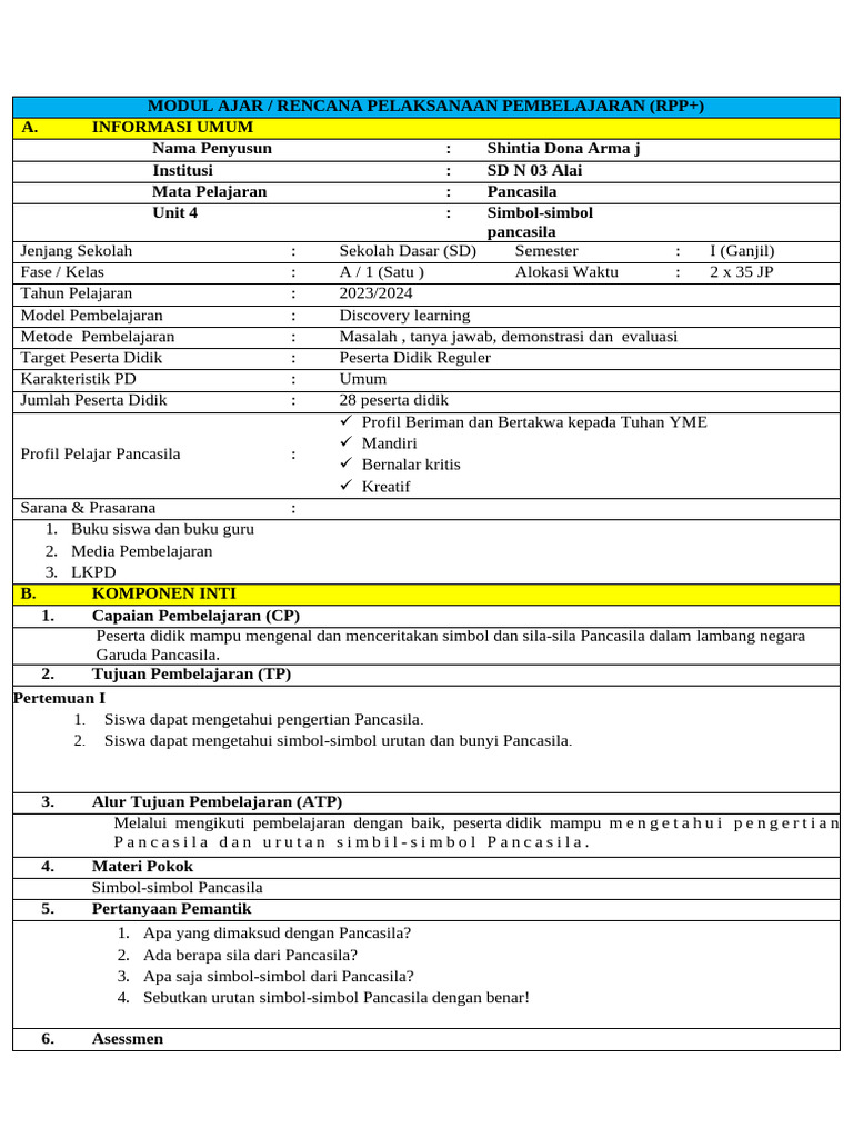 Modul Ajar Simbol Pancasila Kelas 1 SD | PDF