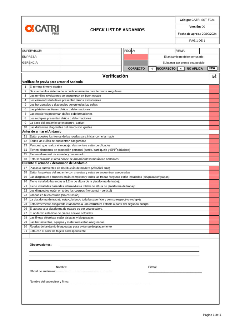 Checklist de Verificación de Andamios | PDF | Andamio