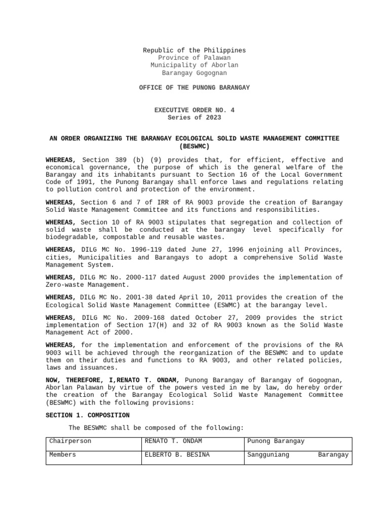Barangay Ecological Solid Waste Management | PDF | Waste Management ...