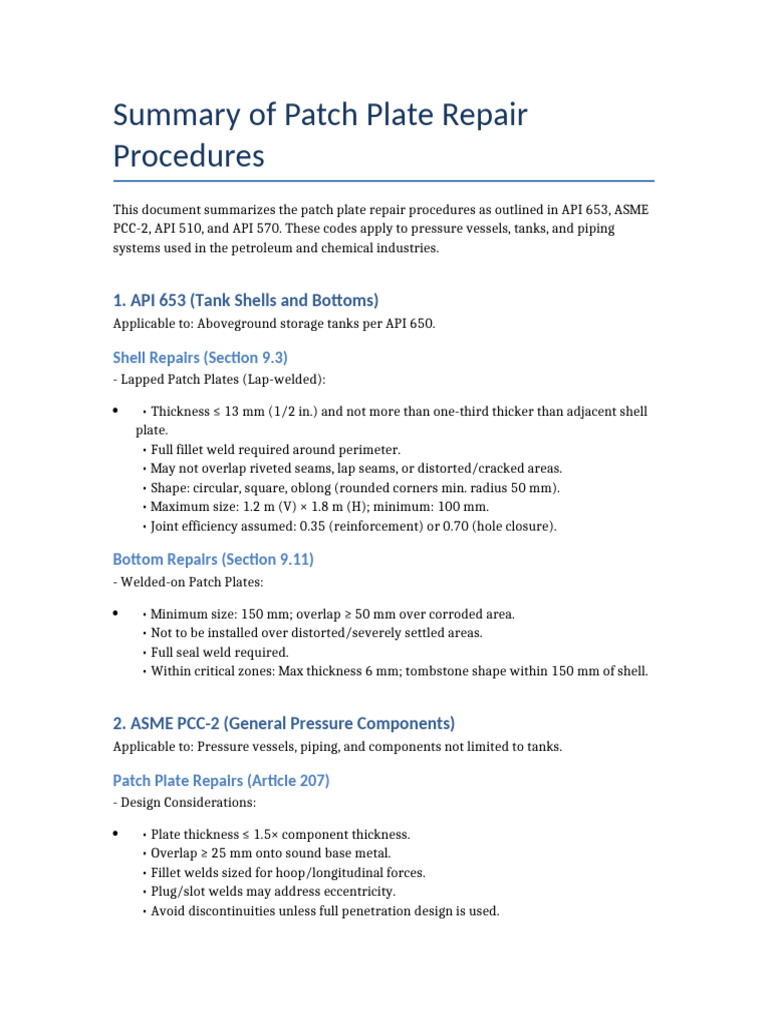 Patch Plate Repair Procedures Summary | PDF | Mechanical Engineering ...