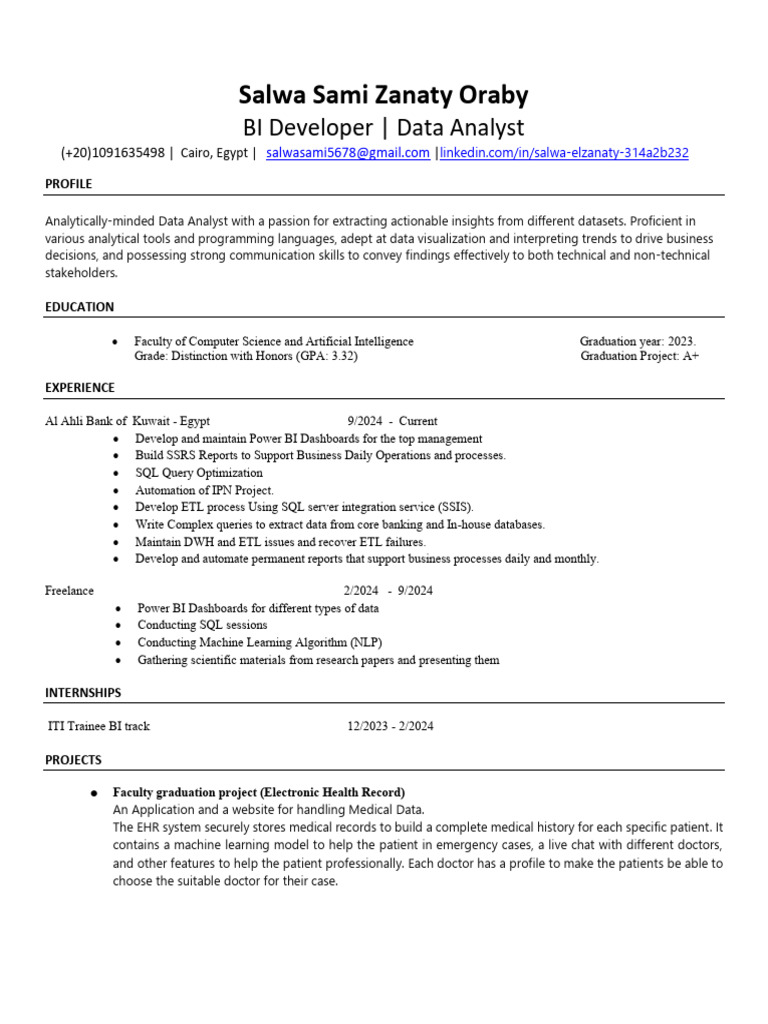Salwa Sami Zanaty CV PDF | PDF | Microsoft Sql Server | Data Warehouse