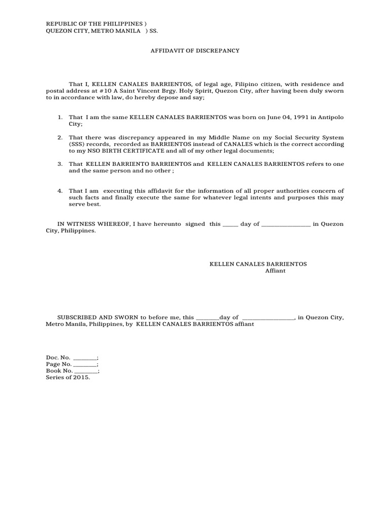Affidavit of Discrepancy Kellen Canales Barrientos | PDF