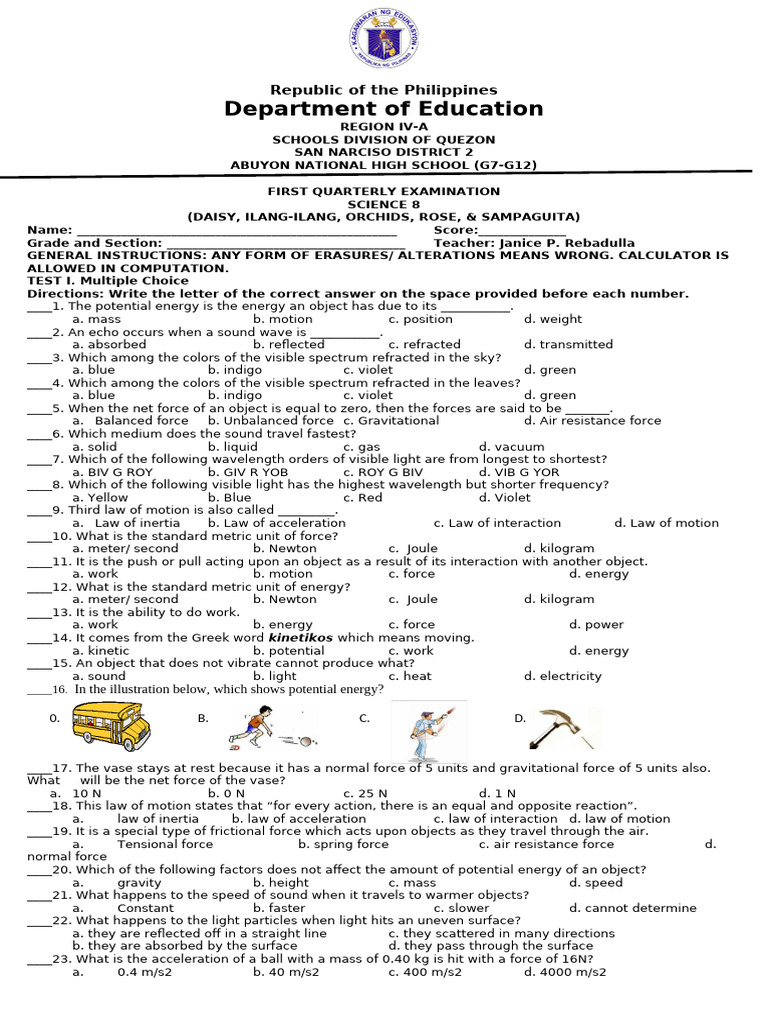 Grade 8 First Quarterly Science Exam | PDF | Force | Newton's Laws Of ...