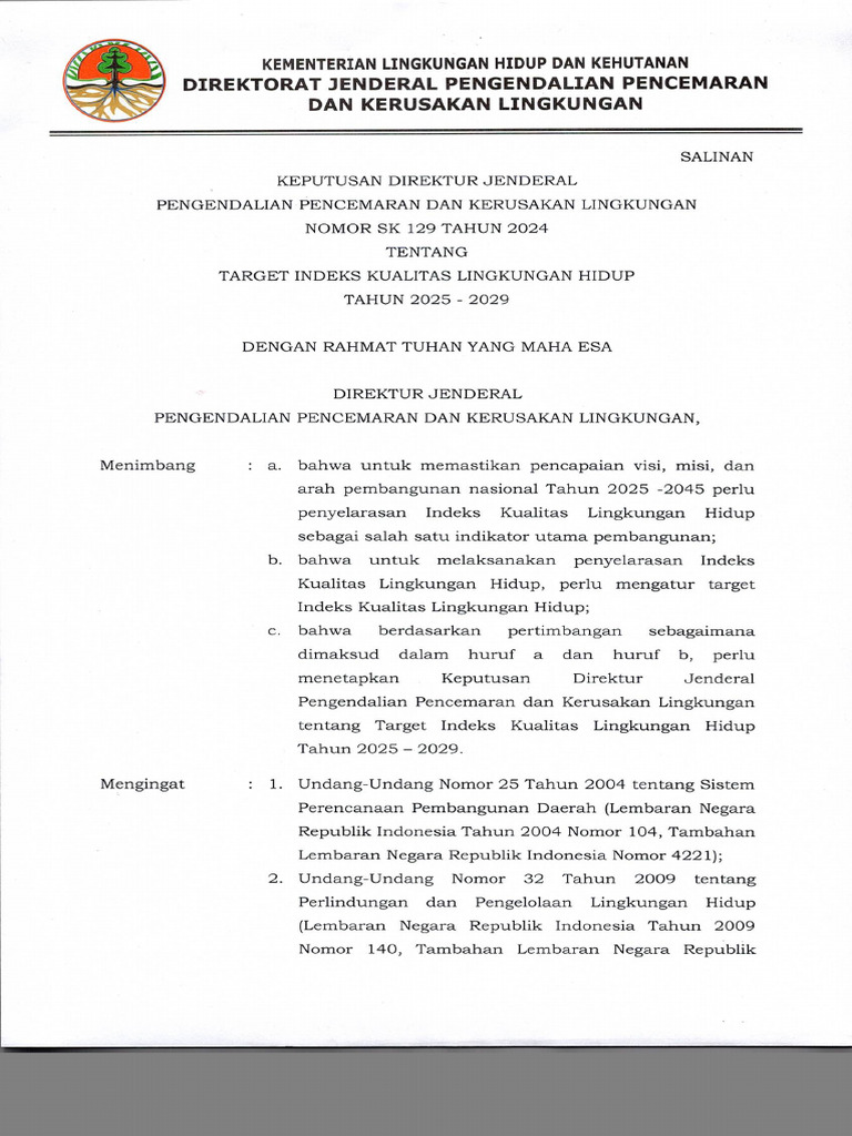 SK 129 2024 - Cara Hitung & Target IKLH TH 2025-2029 | PDF