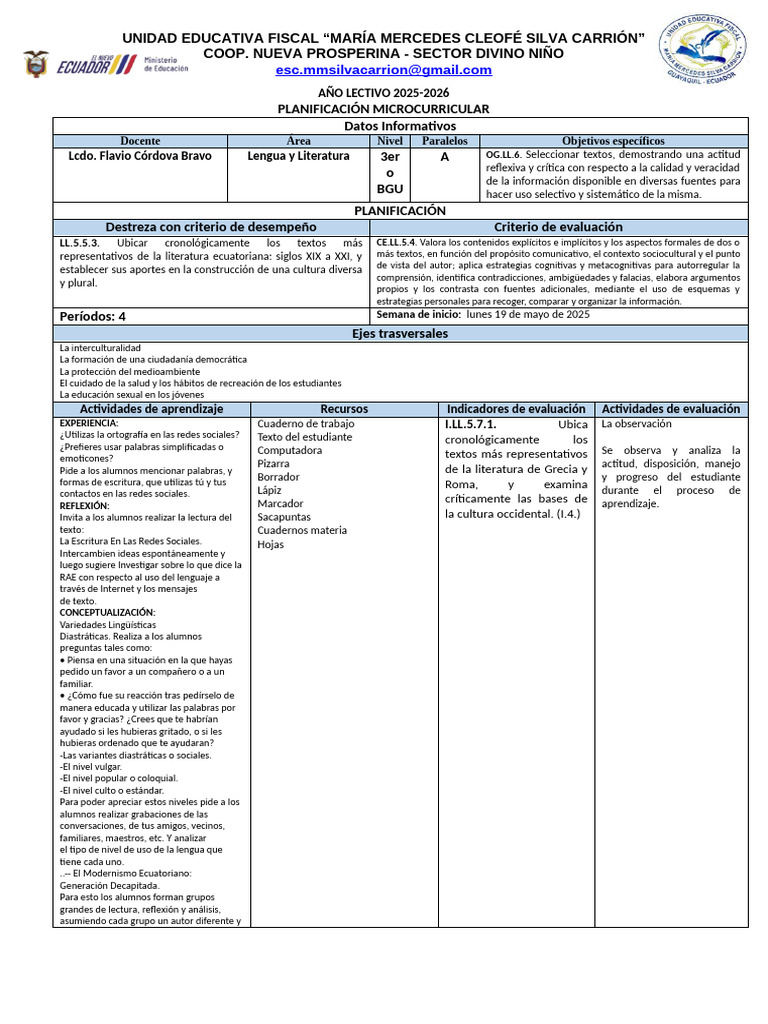 Plan Semanal Repaso 3ro BGU | PDF
