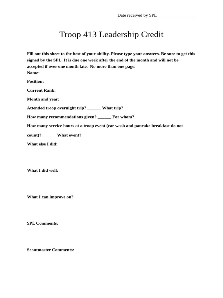 Troop 413 Leadership Credit Sheet | PDF