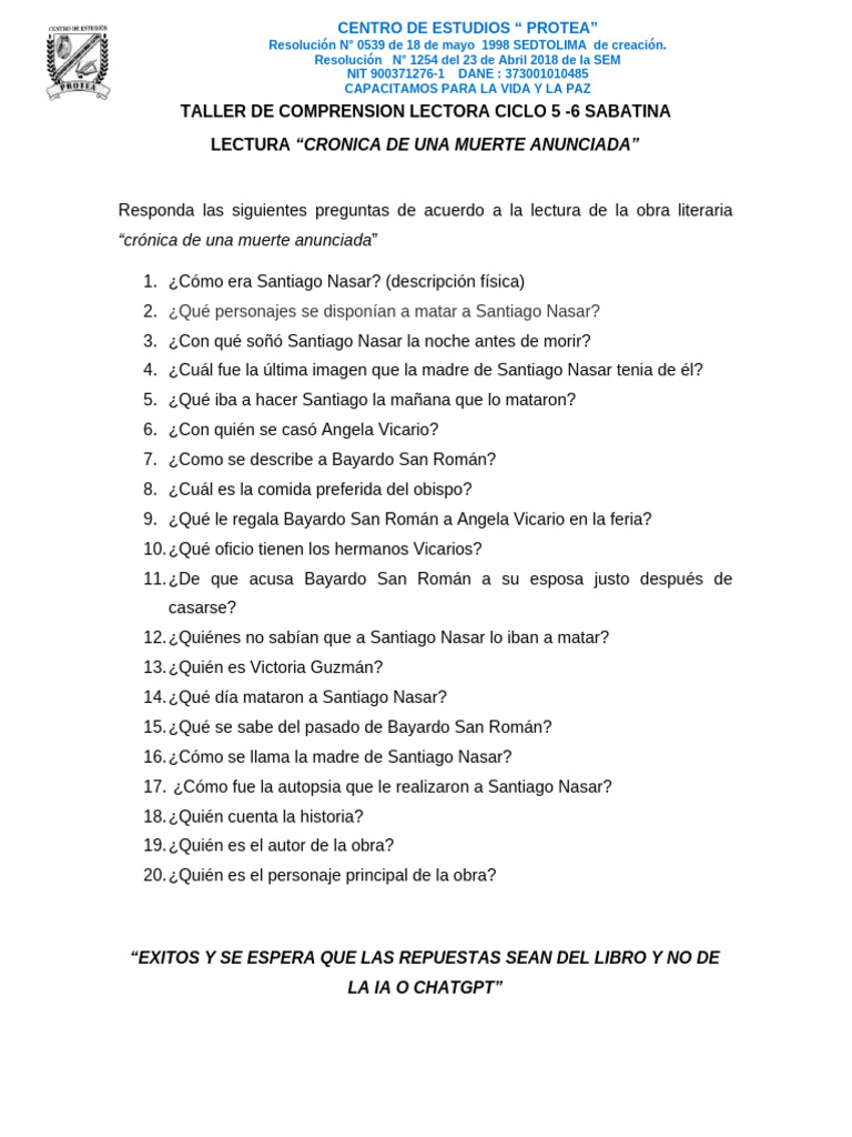 Taller de Comprension Lectora Ciclo 5-6 | PDF