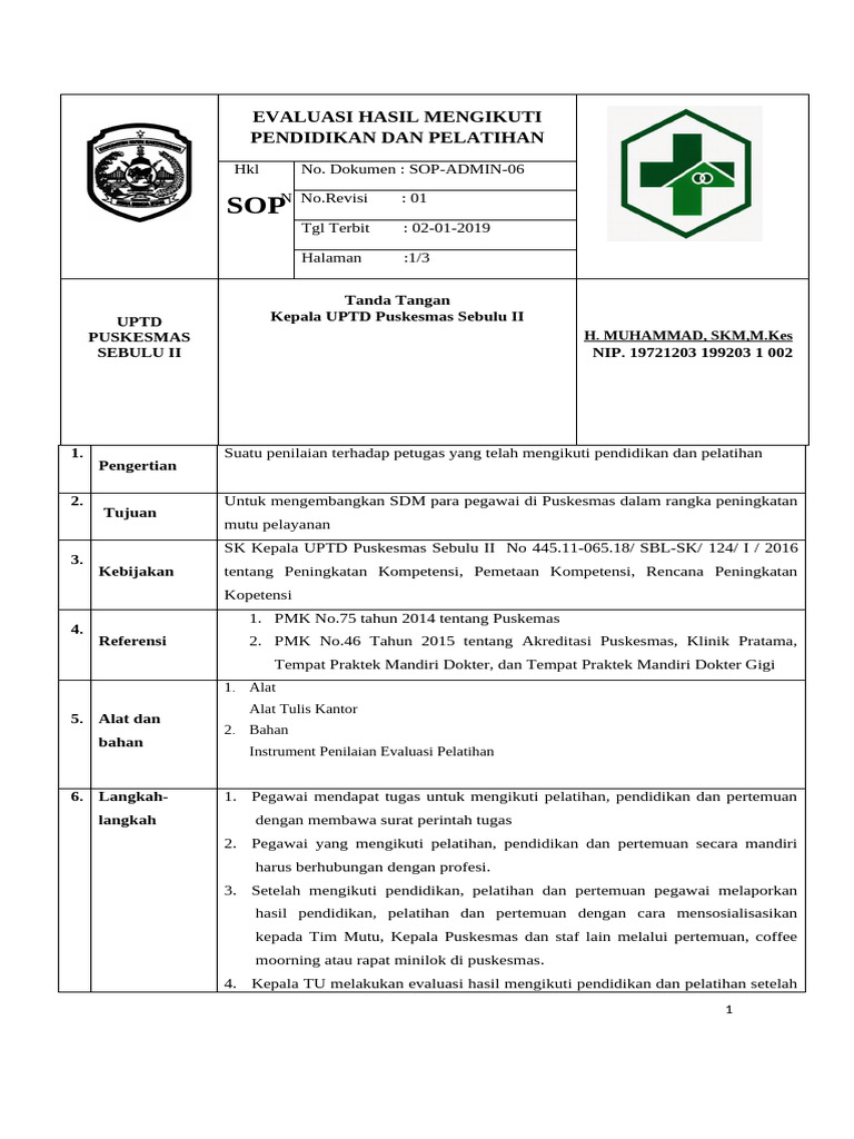 Sop Evaluasi Hasil Mengikuti Pendidikan Dan Pelatihan | PDF