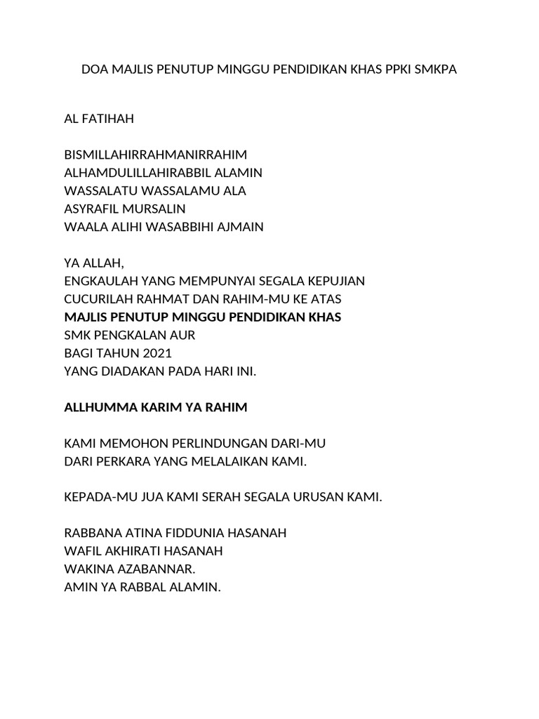 Doa Majlis Penutup Minggu Pendidikan Khas Ppki Smkpa | PDF