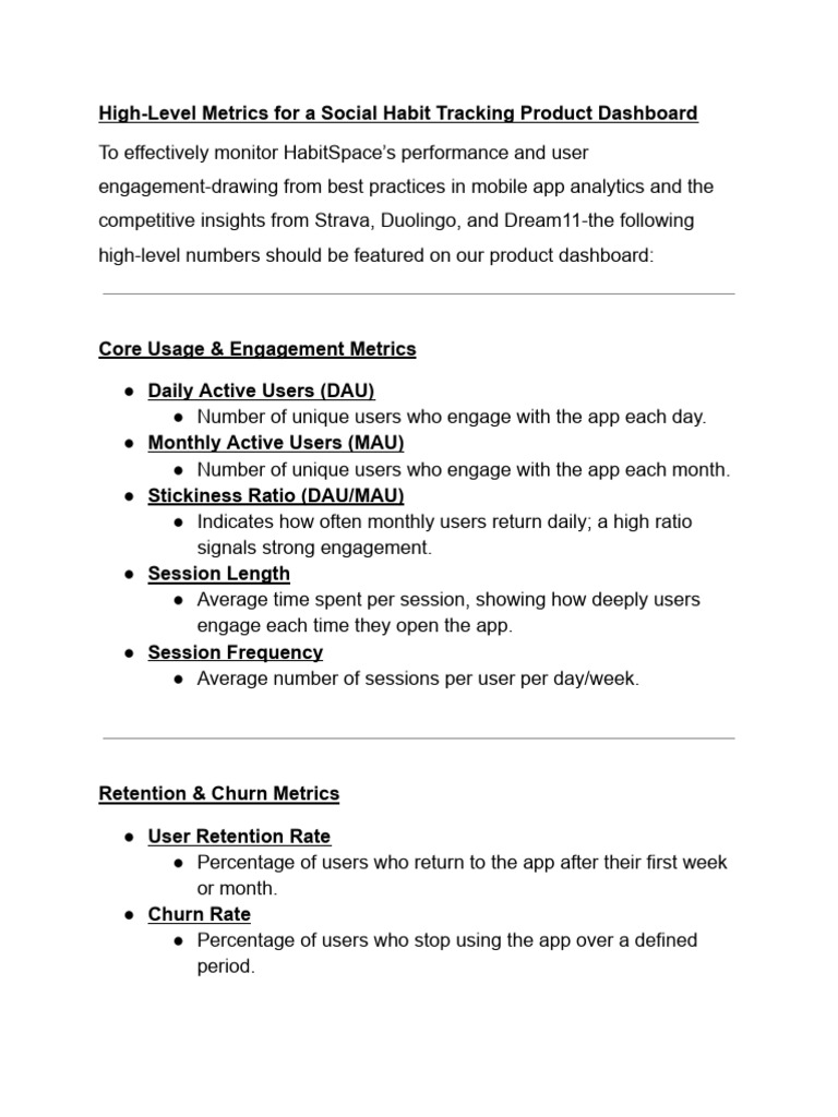 High-Level Metrics For A Social Habit Tracking Product Dashboard | PDF ...