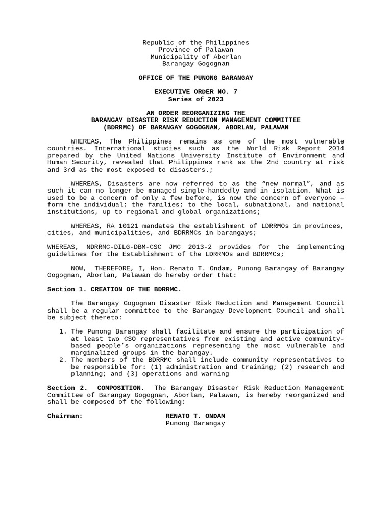 Barangay Disaster Risk Reduction and Management Council | PDF ...