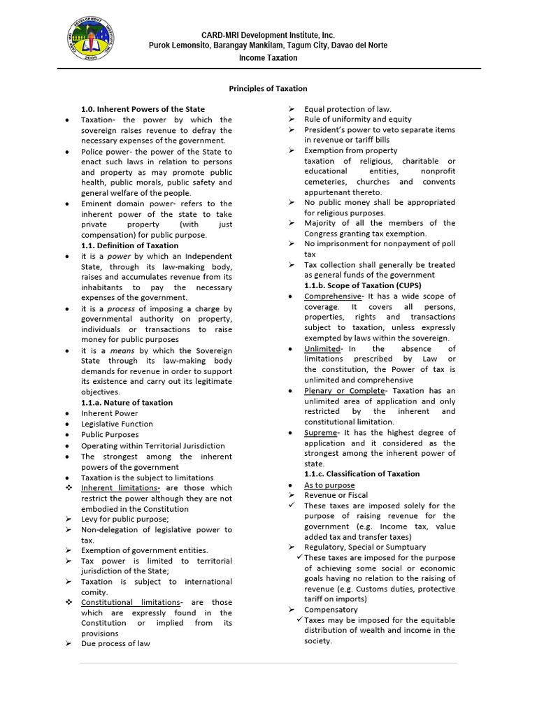 TAX - Principles of Taxation - Lecture Notes | PDF | Taxes | Tax Deduction