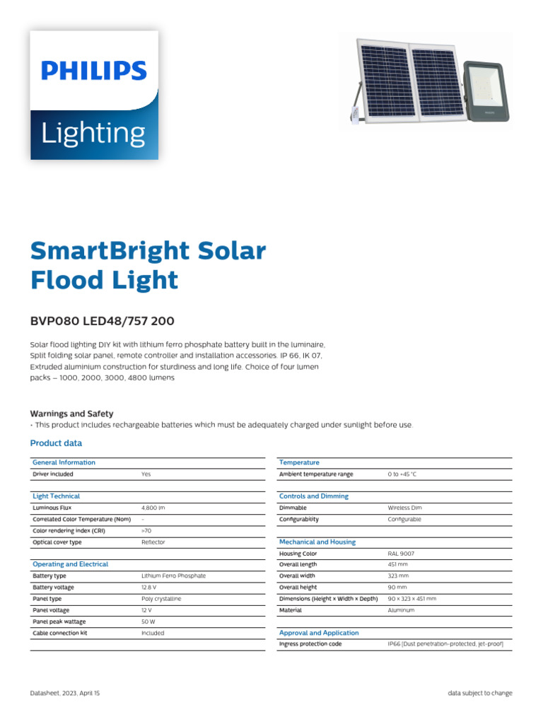 BVP080 LED48_757 200 - SmartBright Solar Flood Light _ Philips | PDF | Lighting | Electricity