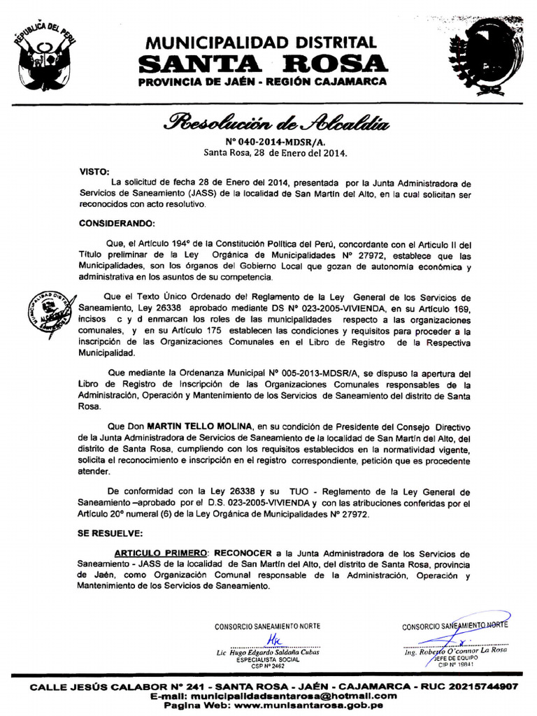 Resolución de Reconocimiento de La JASS | PDF