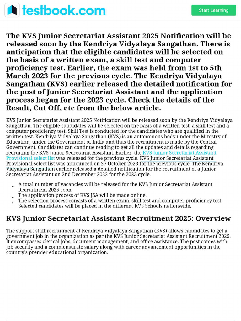 KVS Junior Secretariat Assistant | PDF