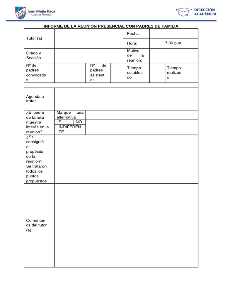 Formato de Informe de Reunión Con Padres de Familia | PDF
