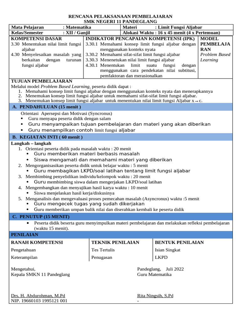 01 - RPP Limit Fungsi Aljabar | PDF