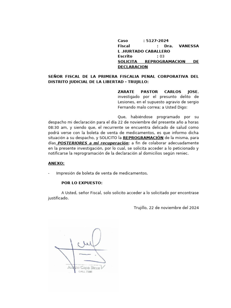 Solicita Reprogramar Declaracion - Sra. Mauri Ramos | PDF