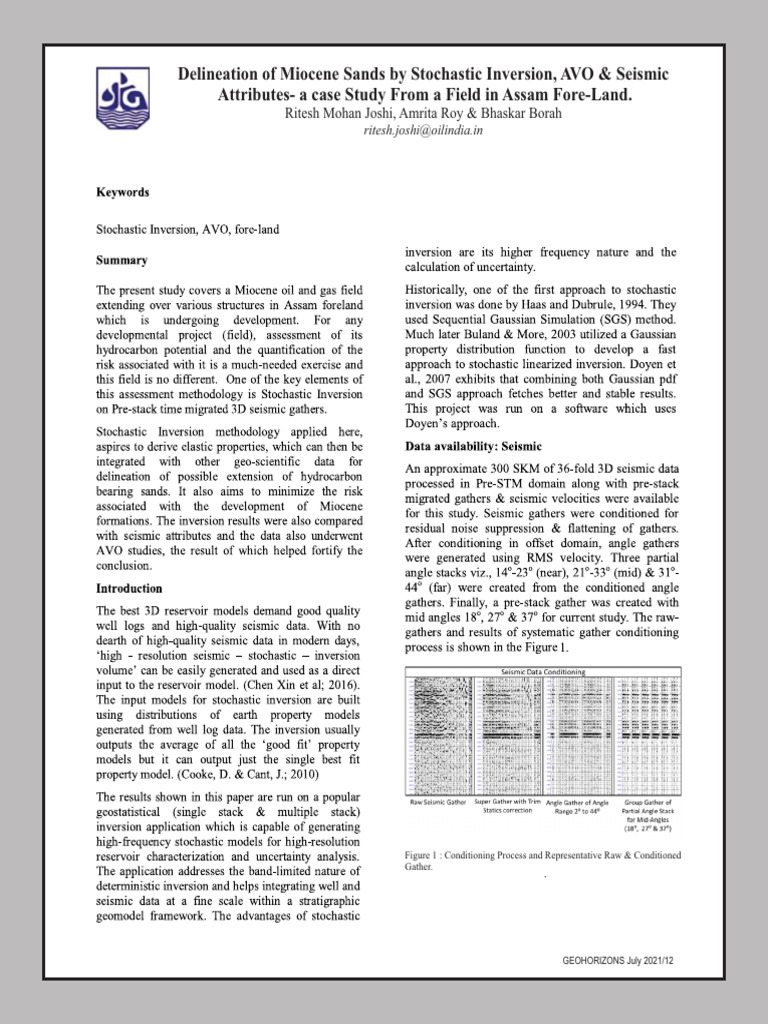 Stochastic Inversion in Miocene Sands in Assam. GEOHORIZON | PDF | Applied Mathematics | Geophysics