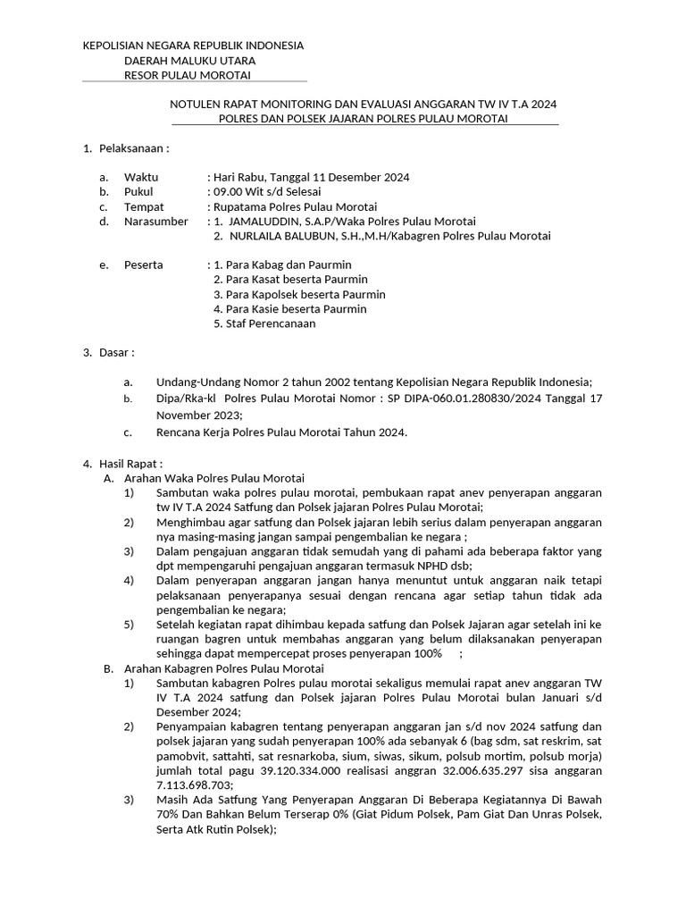 Notulen Rapat Monev TW Iv Anggaran | PDF