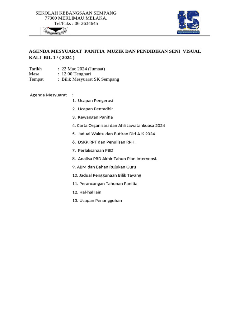 Agenda Dan Minit Mesy. Panitia PSV MZ 20241 | PDF
