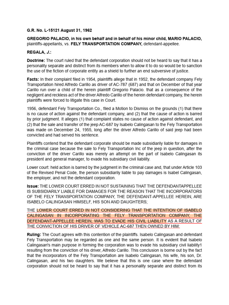 digest_Palacio v. Fely Transportation Co. | PDF | Complaint | Cause Of Action