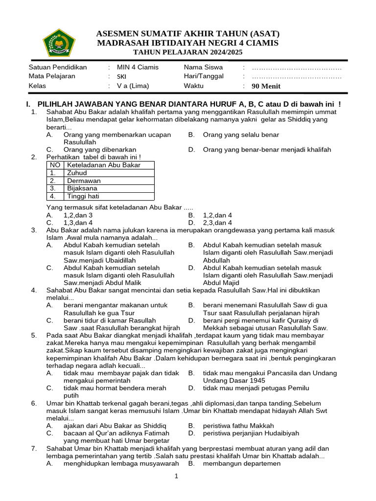 Soal Asat Ski KLS 5 2025 | PDF