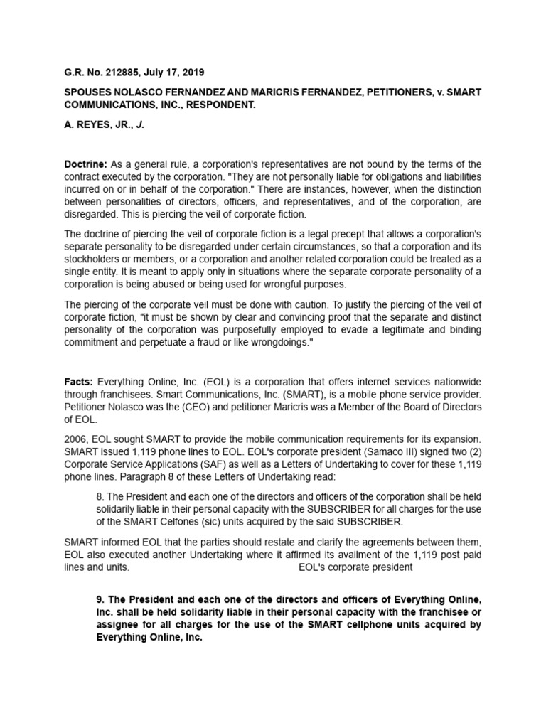 Digest - Sps Fernandez Vs Smart Communications, GR 212885, July 17 ...