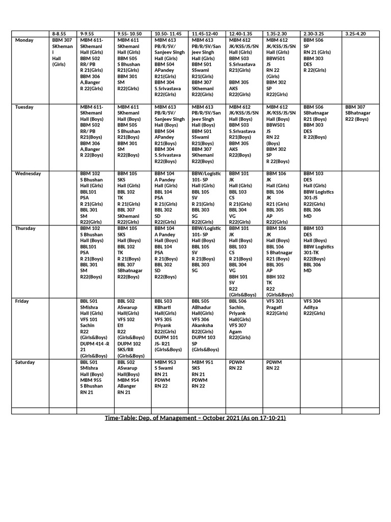 Time-Table: Dep. of Management - October 2021 (As On 17-10-21) | PDF