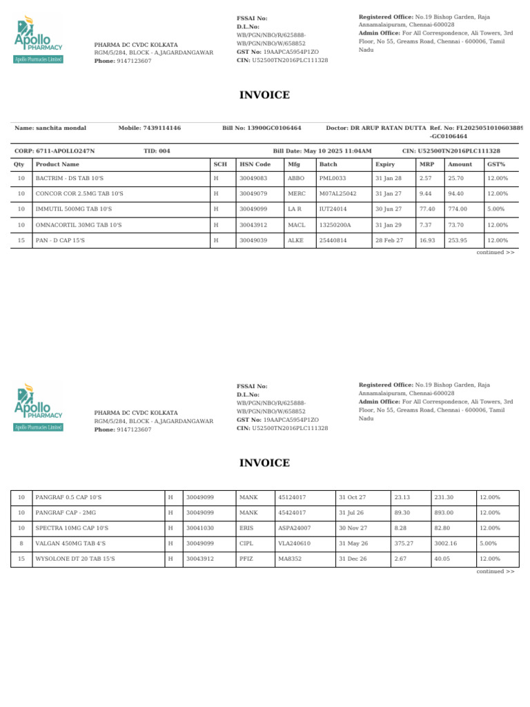 Apollo Pharmacy Invoice Summary | PDF | Health Sciences | Medicine