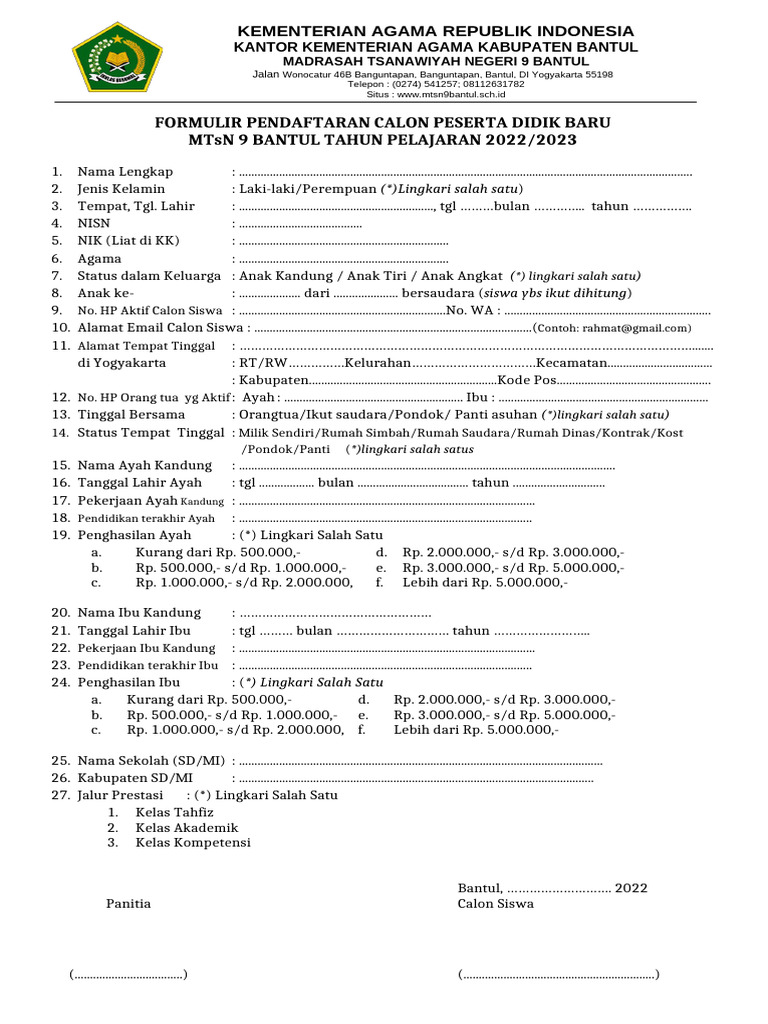 Formulir PPDB TP 2022-2023 | PDF