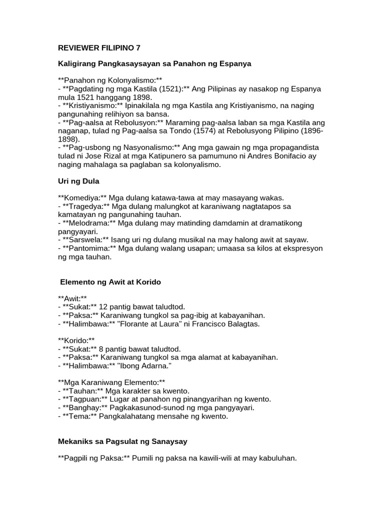3rd Quarter - Reviewer Filipino 7 | PDF