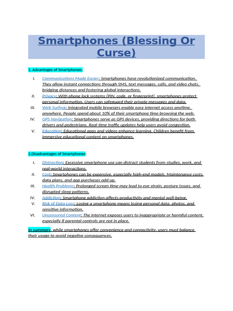 The Advantages and Disadvantages of Smartphones | PDF