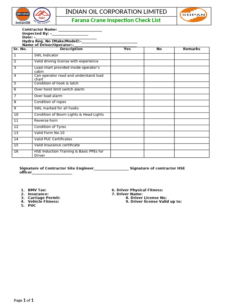12. Hydra Inspection check list. | PDF