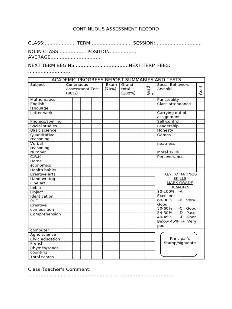 CONTINUOUS ASSESSMENT RECORD of schools | PDF | Cognition | Intelligence