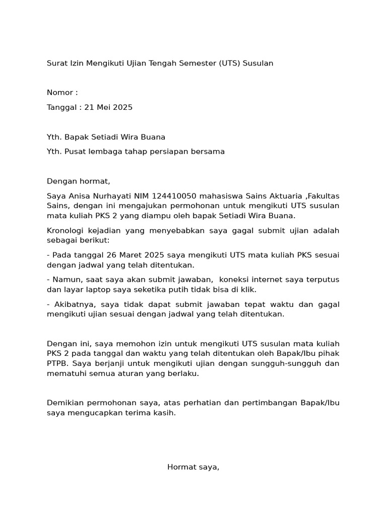 SURAT SUSULAN UTS PKS (ANISA) | PDF