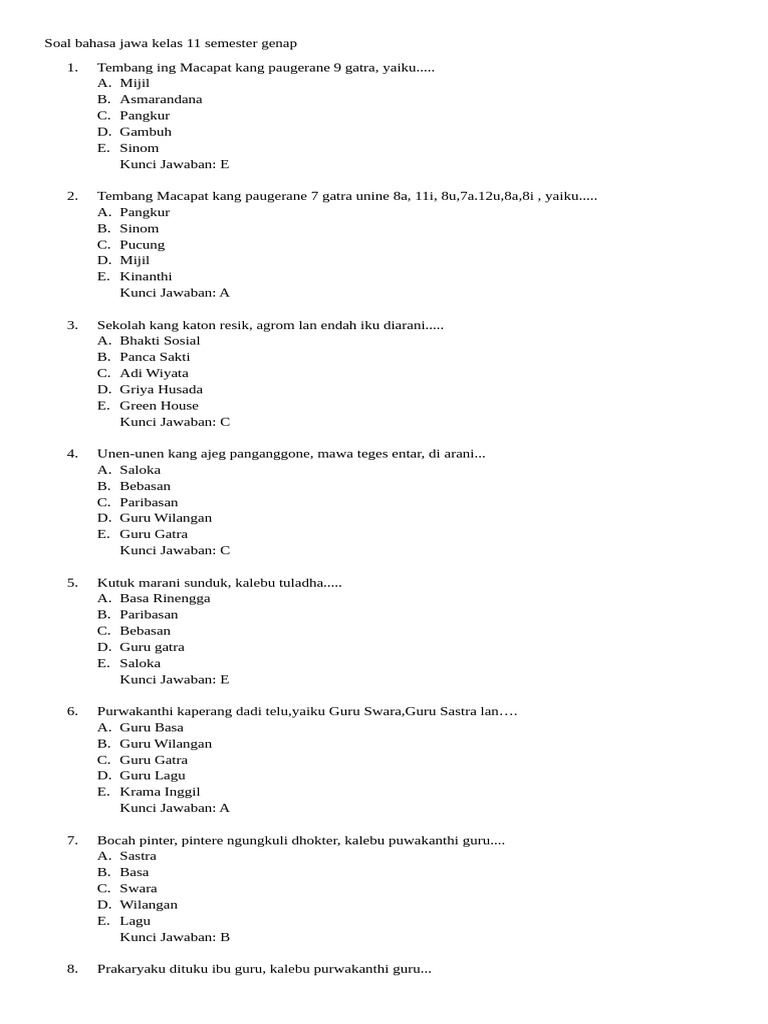 Soal Bahasa Jawa Kelas 11 Semester Genap | PDF