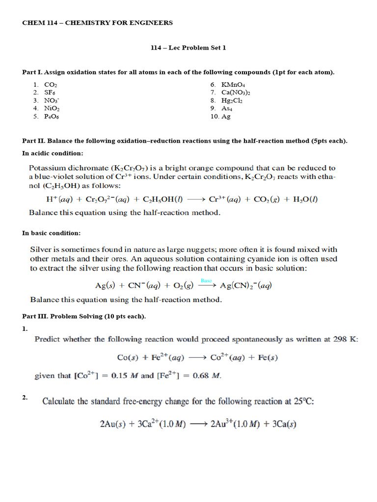 Chem 114 Lec Problem Set 1 Pdf