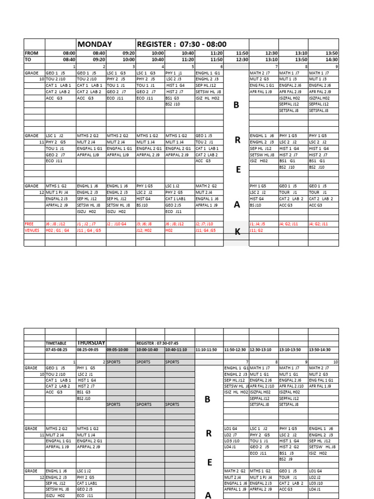EDITED T2 REVISED 2025 CPC TIMETABLE GRADE 10 -12 | PDF