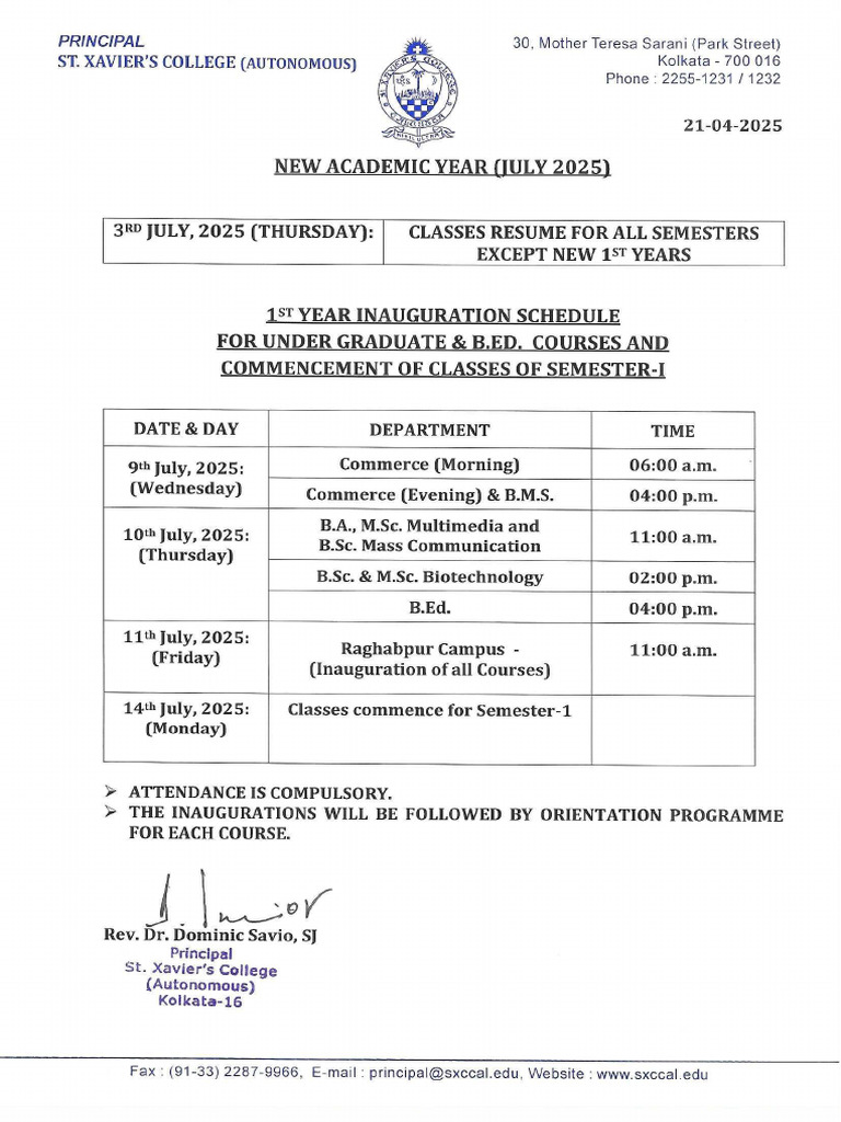 1st Year Inauguration Schedule_2025 and Commencement of Classes in the ...
