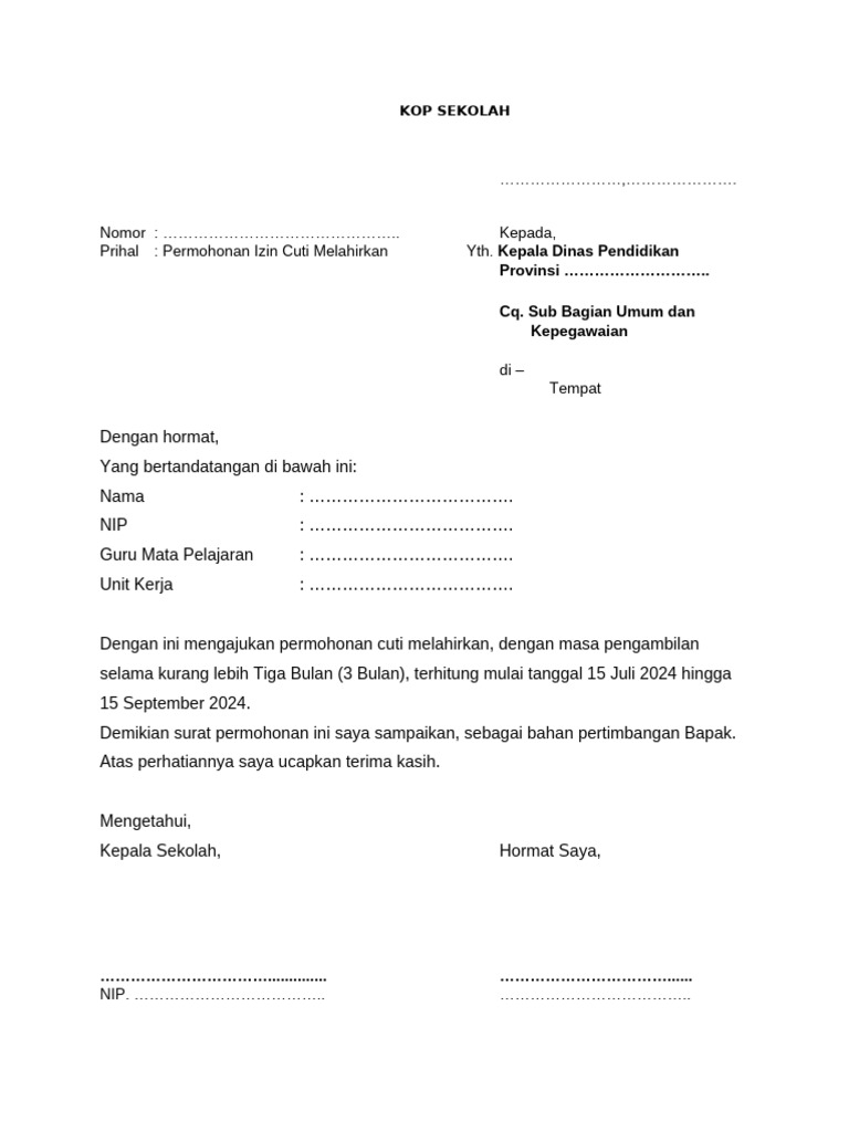 Surat Permohonan Cuti Melahirkan ASN | PDF